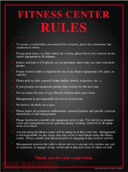 Fitness Center Rules Poster | Gym Doctors